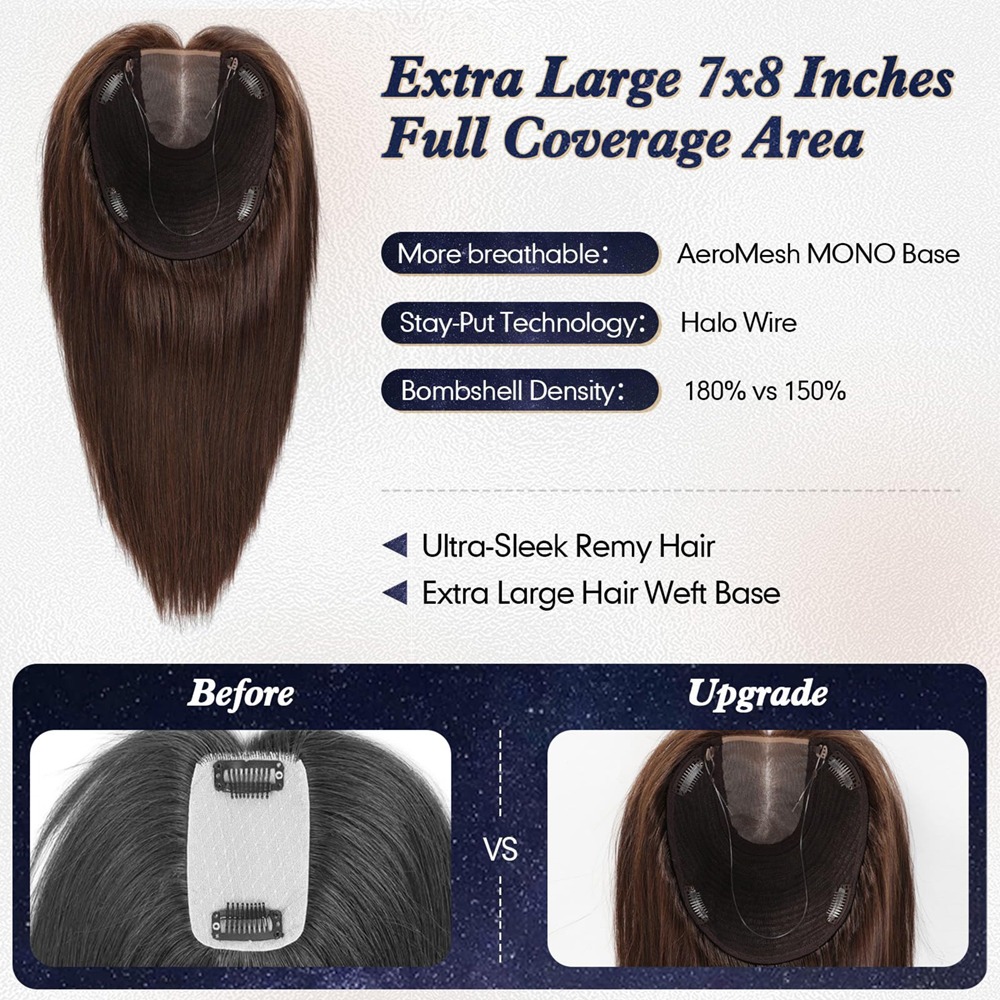 7"x8" Mono Top Human Hair Topper Natural Coverage for Thinning Crown